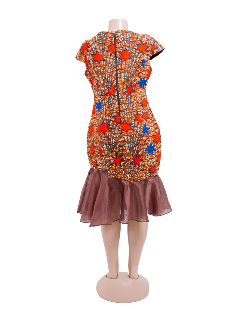 All-over popping stars with brown bottom chiffon flare and cap sleeves ...