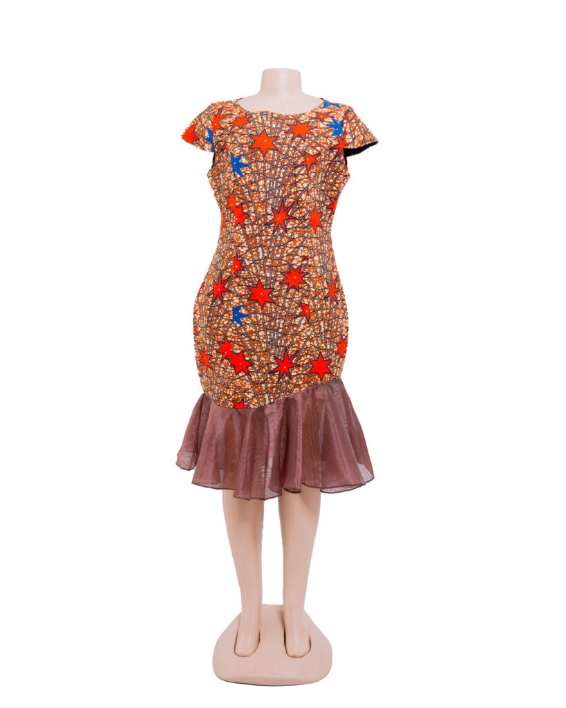 All-over popping stars with brown bottom chiffon flare and cap sleeves ...